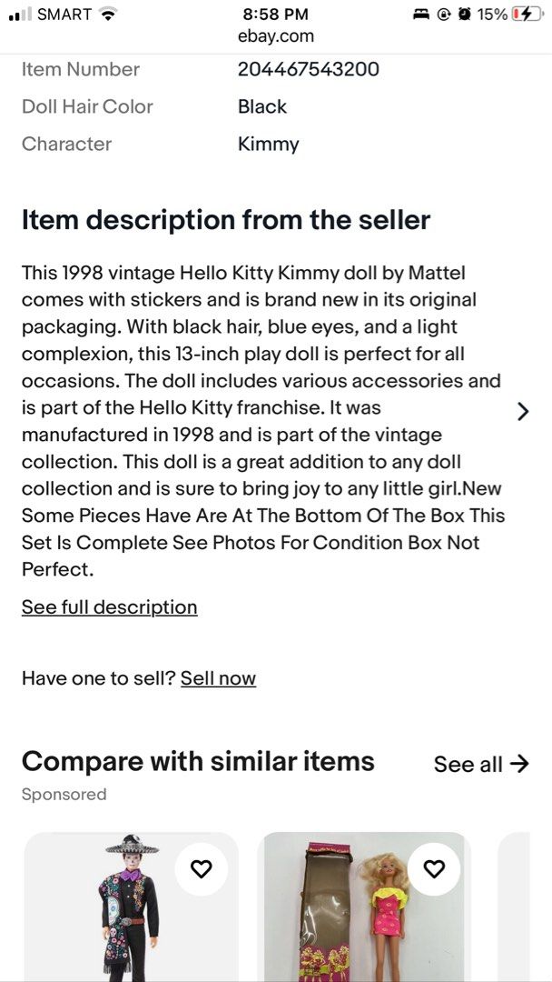 1998 MATTEL HELLO KITTY KIMMY DOLL VINTAGE COLLECTION TIO, Hobbies ...