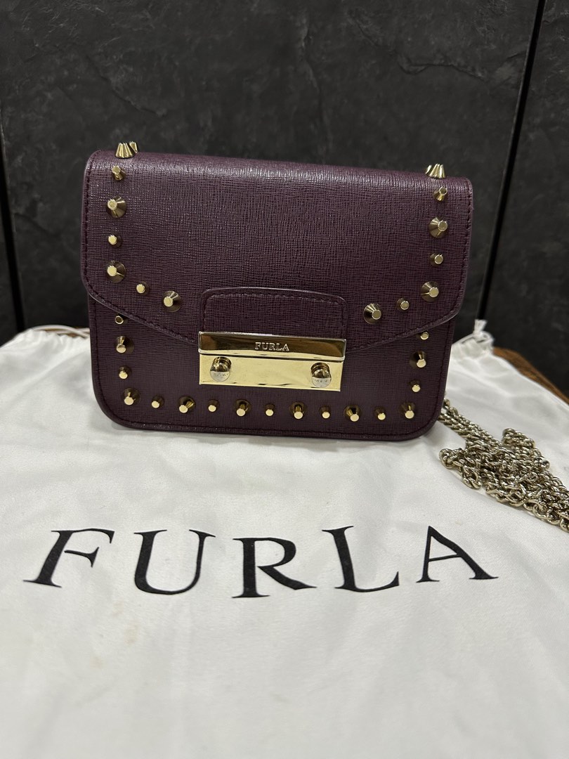 Furla Julia Mini Studded Saffiano Leather in Burgundy, Women's Fashion ...
