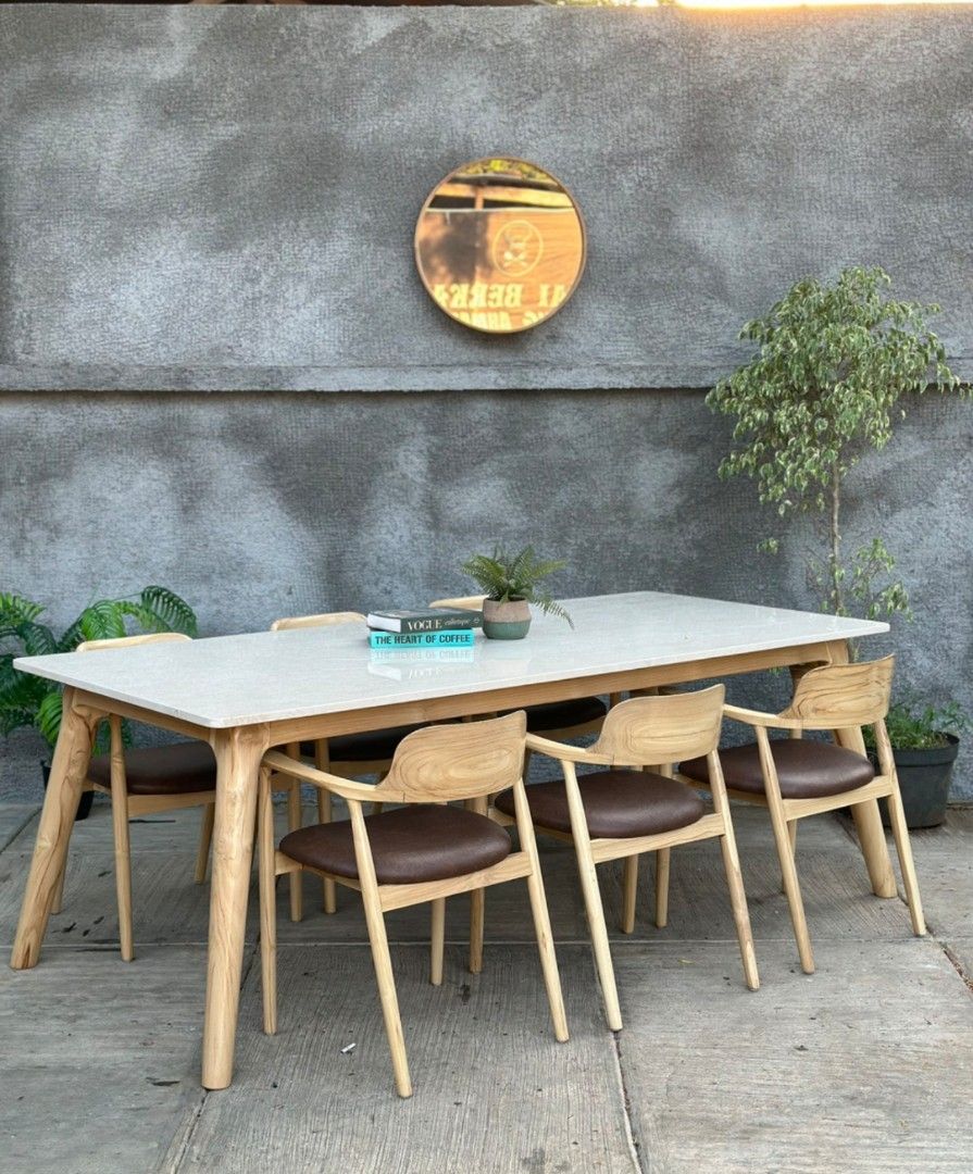 Meja Makan Kayu Jati Marmer Scandinavian 180 cm 6 Kursi, Perabotan ...