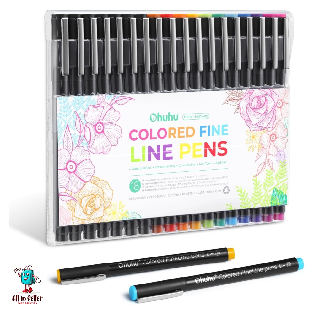 Ohuhu Colored Fineliner Drawing Pens: 18 Pack Fineliner Pens 0.45mm 11 ...