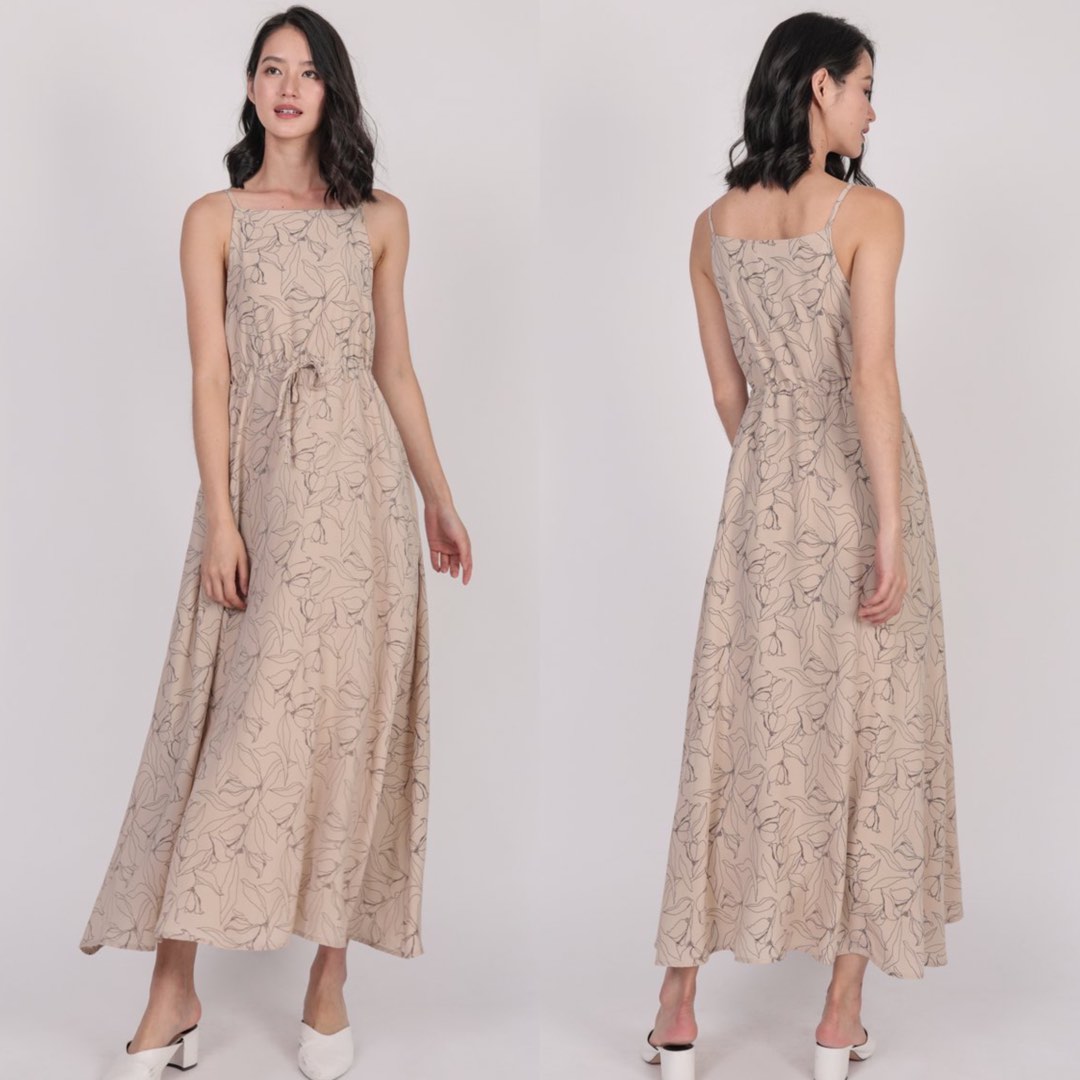 (S) TTR The Tinsel Rack Lilith Drawstring Maxi Dress (Nude Florals ...