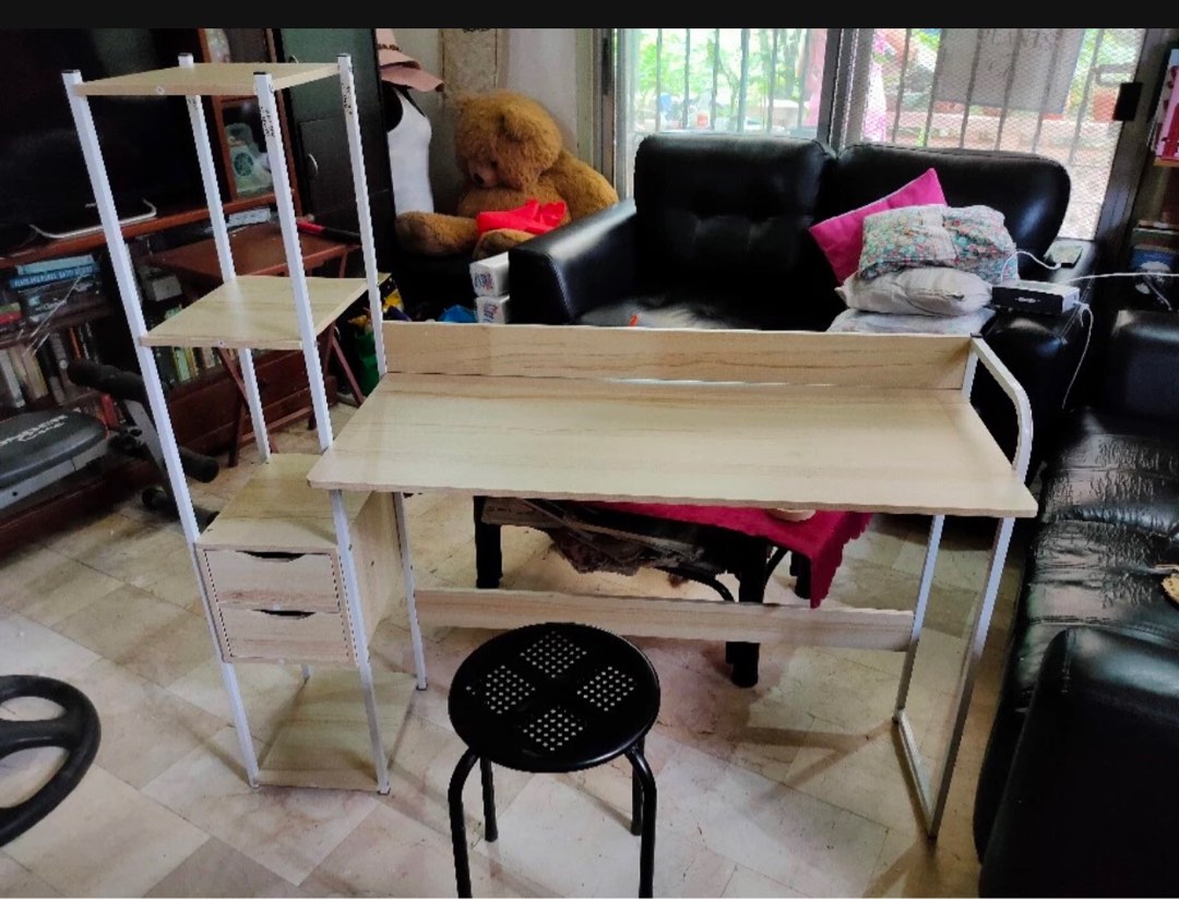 Study Work Table with Shelves (Oak White) 120cm, Furniture & Home Living, Office Furniture ...