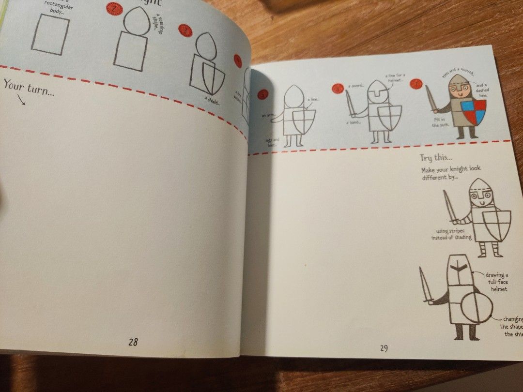 Usborne Step by Step Drawing Activity book, only one page done, Hobbies ...