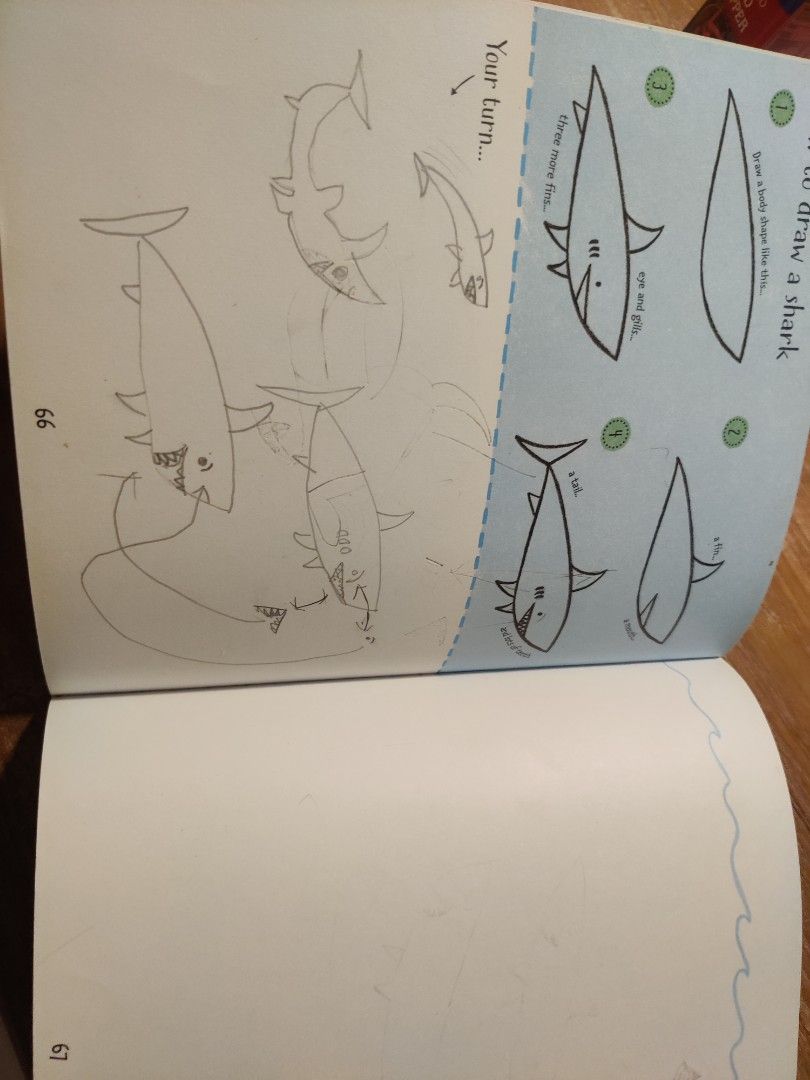 Usborne Step by Step Drawing Activity book, only one page done, Hobbies ...