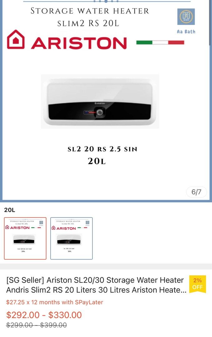 Ariston Slim Water Heater (20L), TV & Home Appliances, Water Heater ...