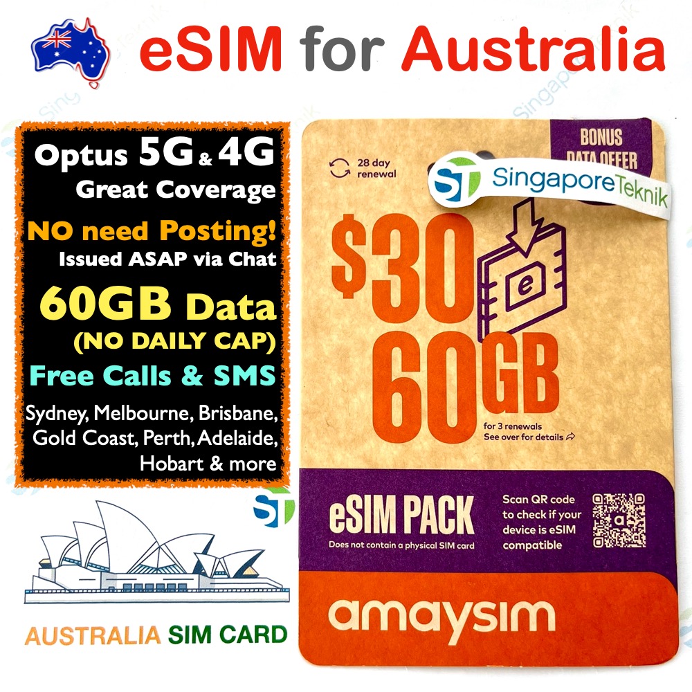 AUSTRALIA ESIM 60GB DATA 5G 4G Prepaid SIM Card Optus AU Sydney ...