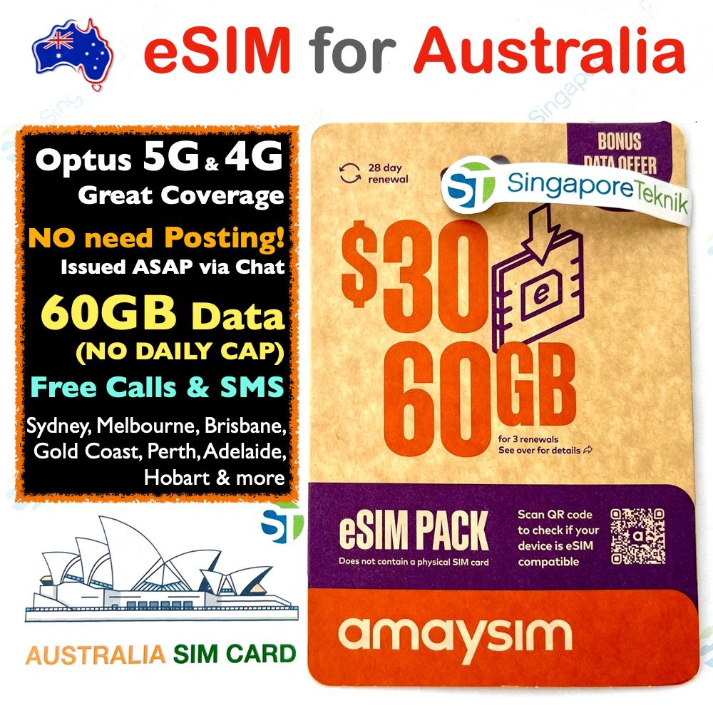 AUSTRALIA ESIM 60GB DATA 5G 4G Prepaid SIM Card Optus AU Sydney Melbourne Perth Brisbane Gold ...