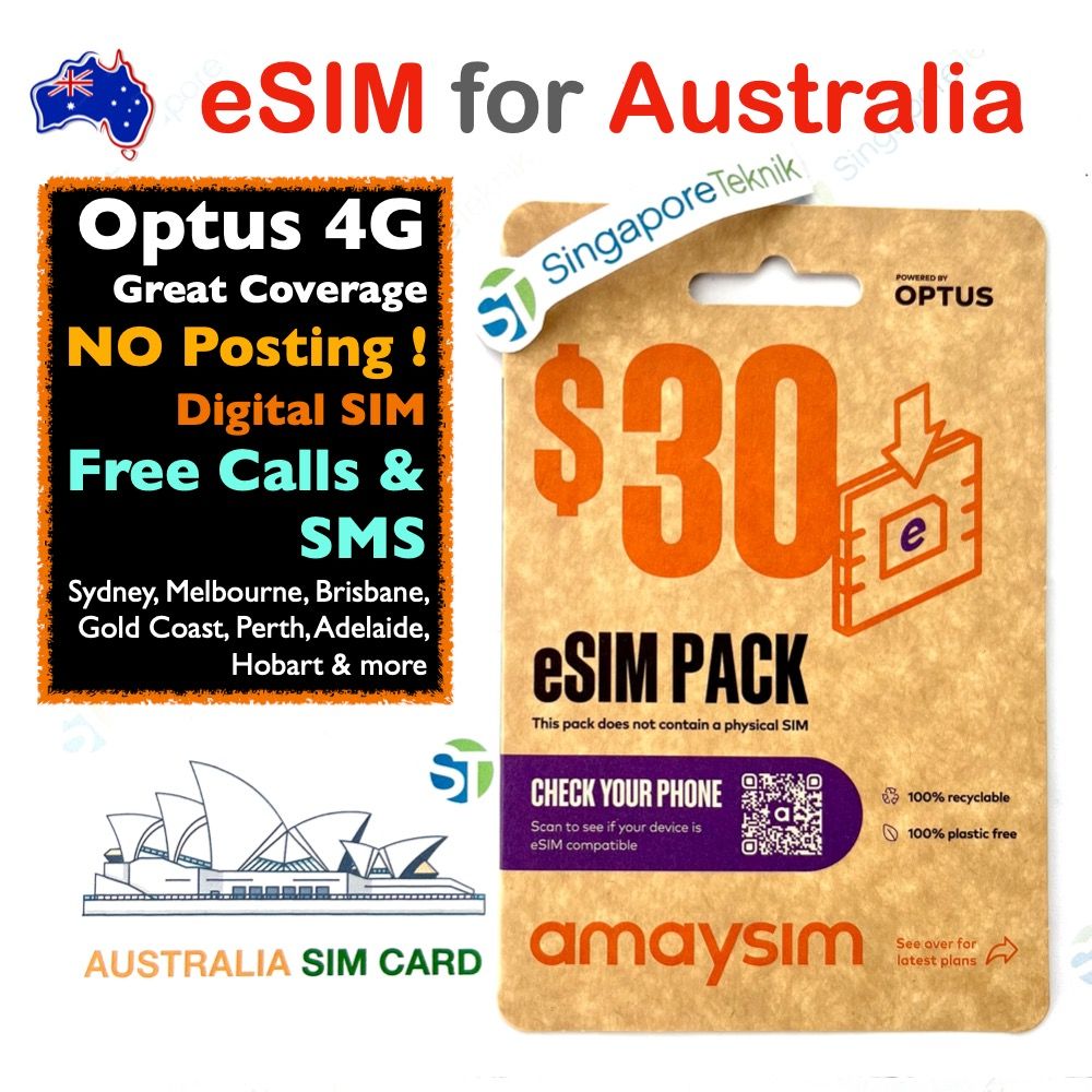 AUSTRALIA ESIM 60GB DATA 5G 4G Prepaid SIM Card Optus AU Sydney Melbourne Perth Brisbane Gold ...