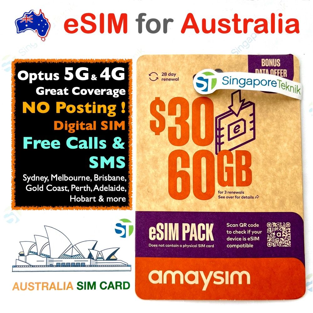 AUSTRALIA ESIM 60GB DATA 5G 4G Prepaid SIM Card Optus AU Sydney ...