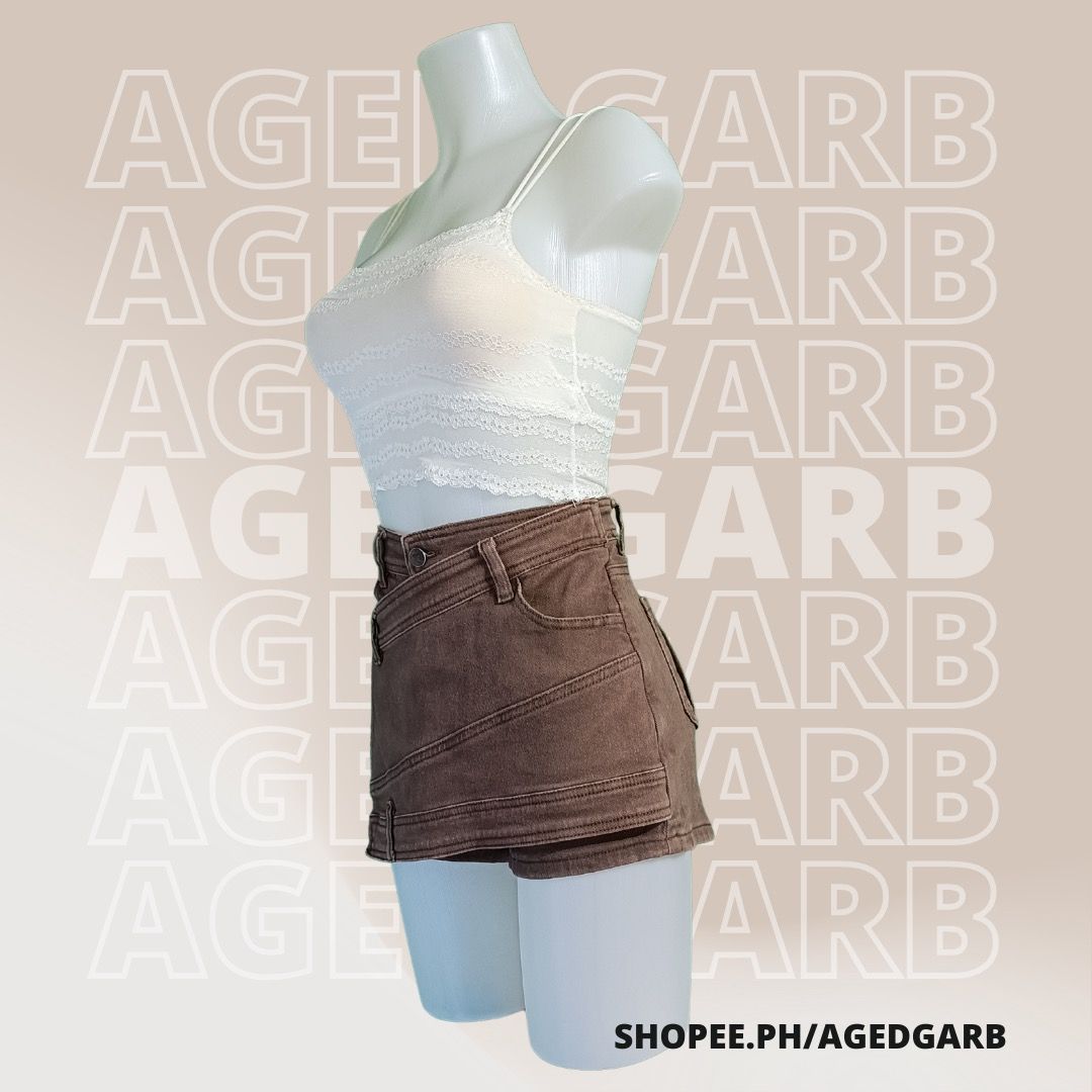 Choco Brown High Waisted Asymmetric Overlap Denim Micro Mini Skort ...
