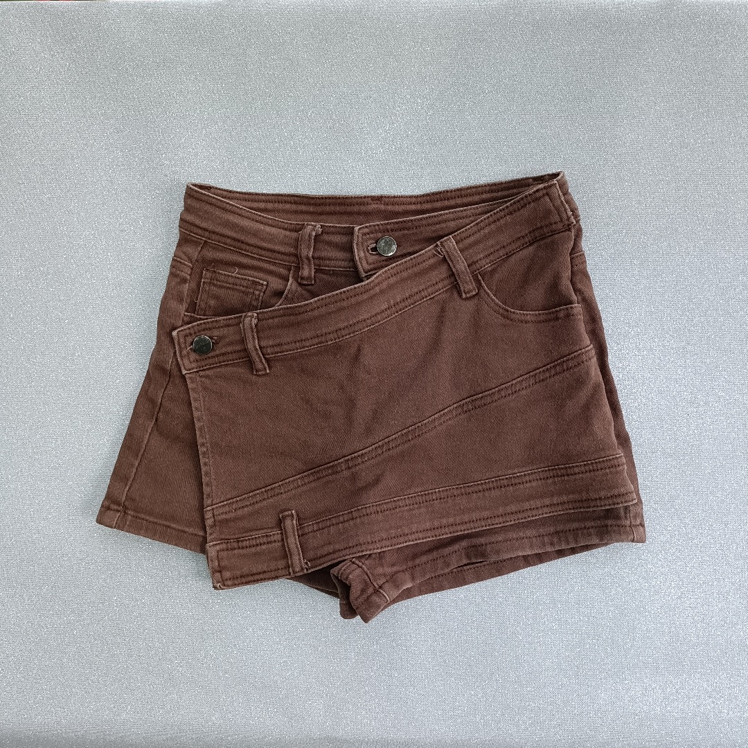 Choco Brown High Waisted Asymmetric Overlap Denim Micro Mini Skort ...