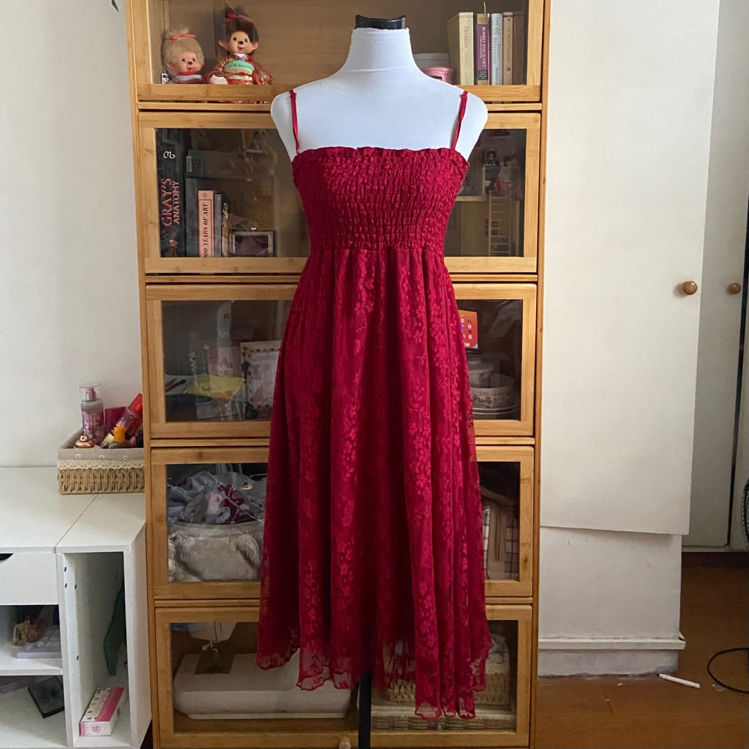 Deep red lace maxi dress (coquette, cottagecore, classy, holiday dress ...