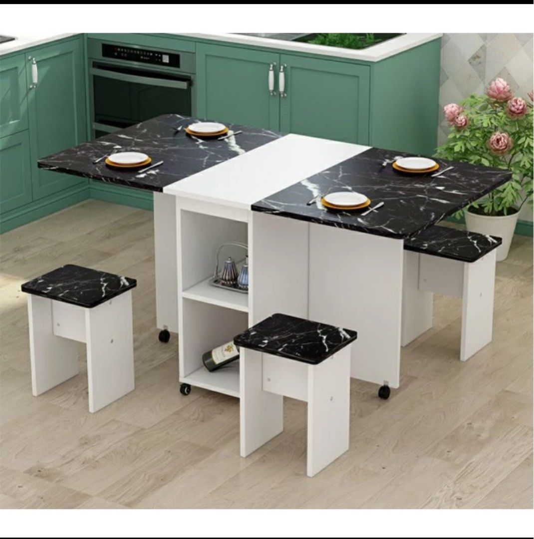 ESTA Marble Foldable Oval Rectangle Round Dining Table 4 Stools Space ...