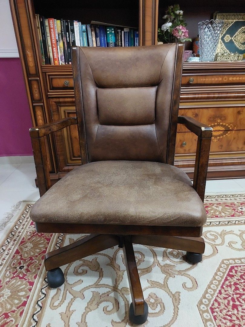 High quality wooden leather office chair, Furniture & Home Living ...