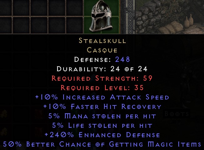 (Non-Ladder) Perfect 50%mf/240% ed StealSkull for Mid Leveling! D2R ...