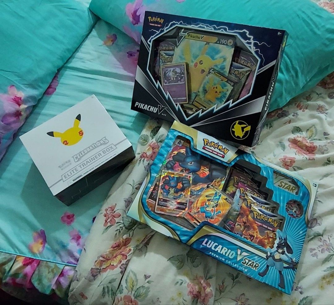 Pokemon Celebrations ETB, Pikachu V Box, Lucario Vstar pin premium box ...