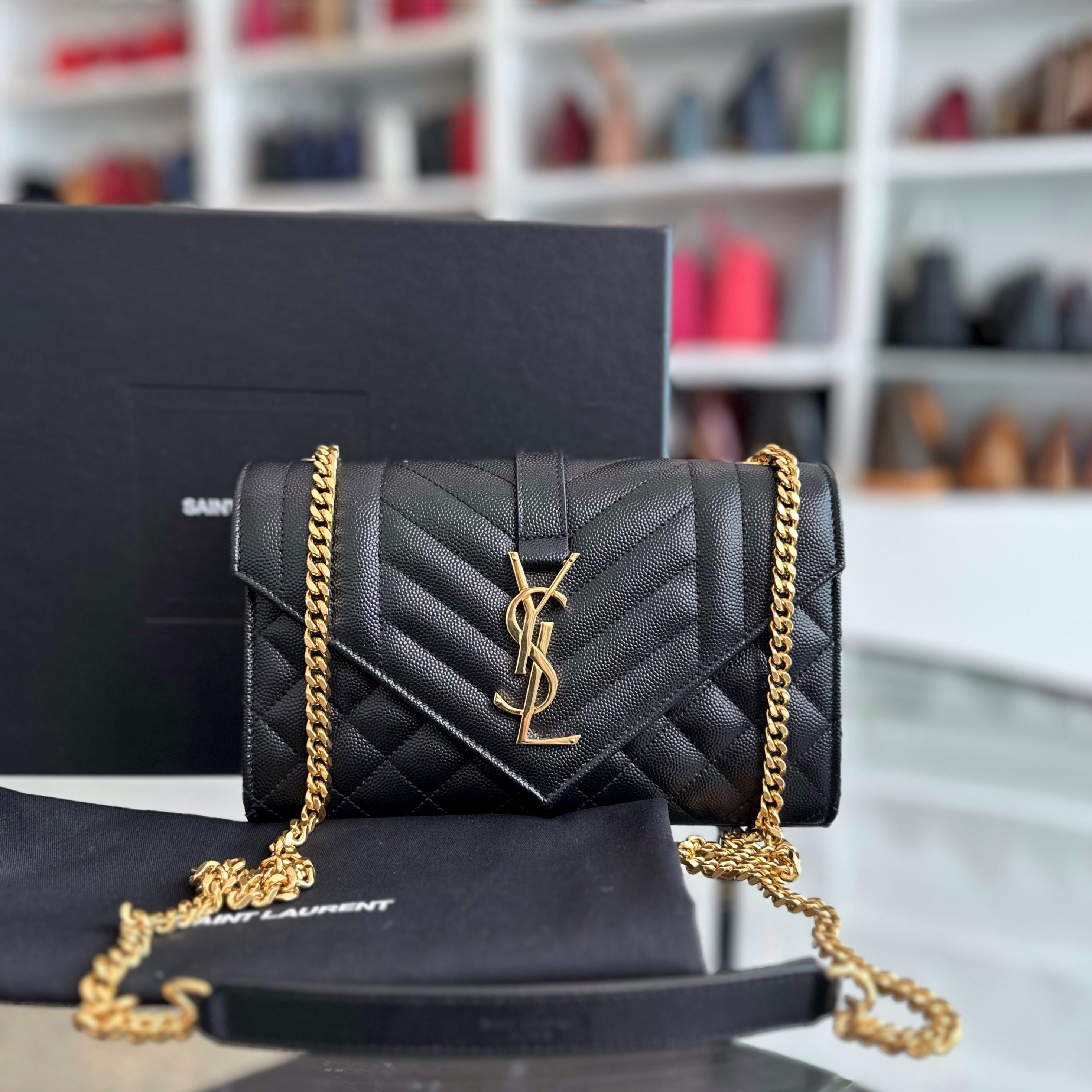 YSL Envelop Small Grained Calfskin Black GHW Yves Saint Laurent, Luxury ...