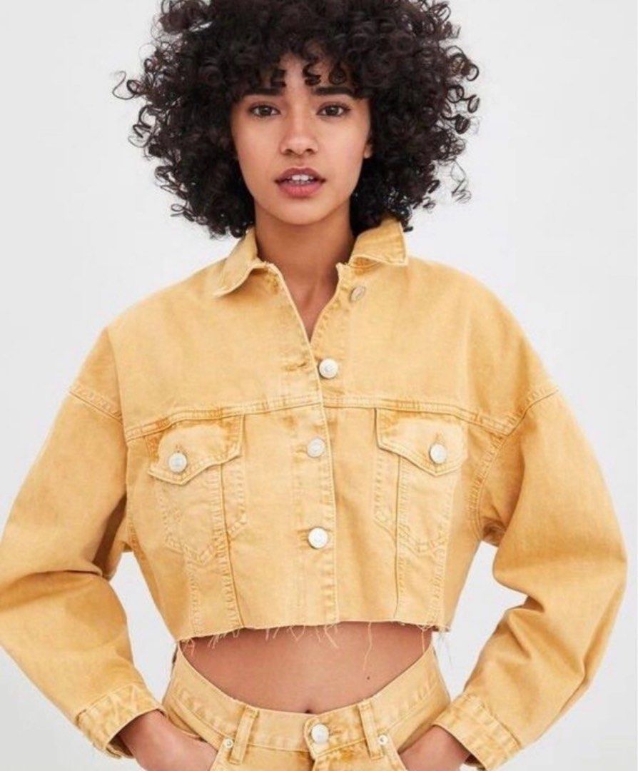 Zara Yellow Denim Crop Jacket, Fesyen Wanita, Pakaian Wanita, Baju ...