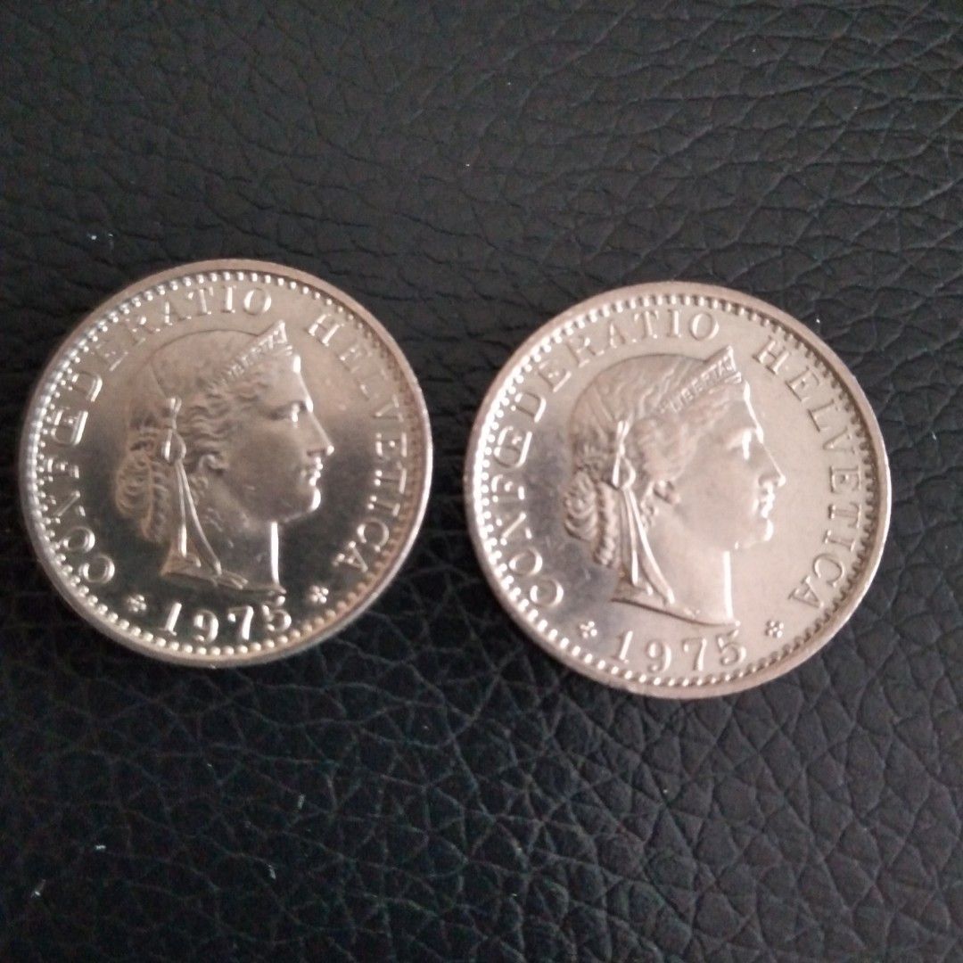 100% Authentic 1975 Switzerland 20 Rappen x 2 Coins AU UNC High grade World Coin *Actual ...
