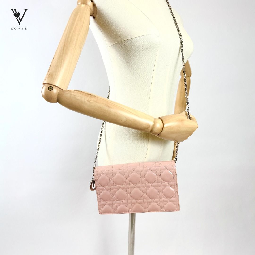Christian Dior Lady Dior Pouch Rose Des Vents Patent Cannage Calfskin ...