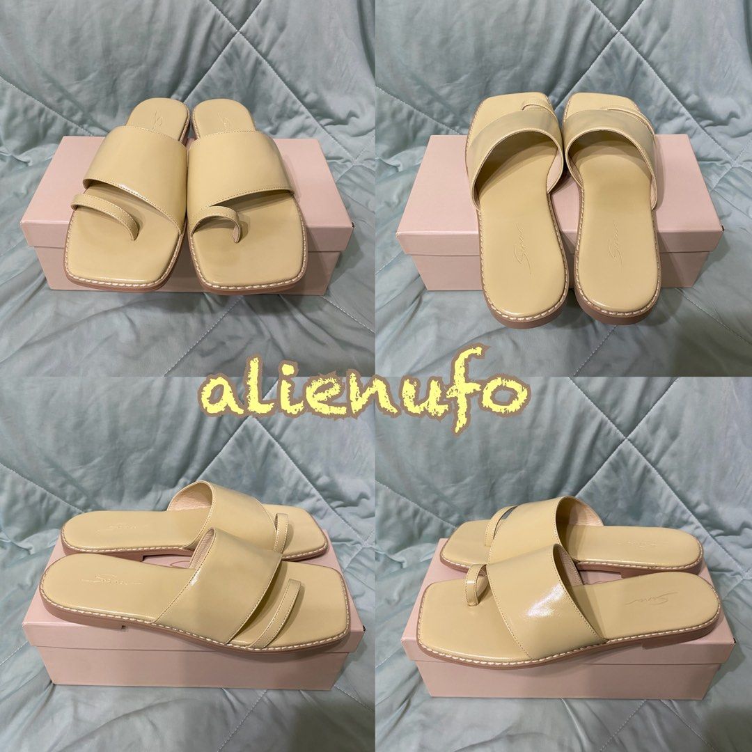 【全新】Grace gift 玄玄Sena聯名 知性小姐不對稱套趾平底拖鞋 淺黃 25(40)號, 她的時尚, 鞋類, 拖鞋在旋轉拍賣