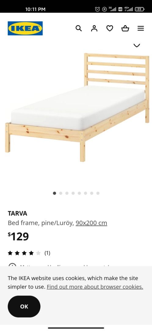 IKEA SINGLE bed frame with slatted bed base,90*200cm, Furniture & Home ...