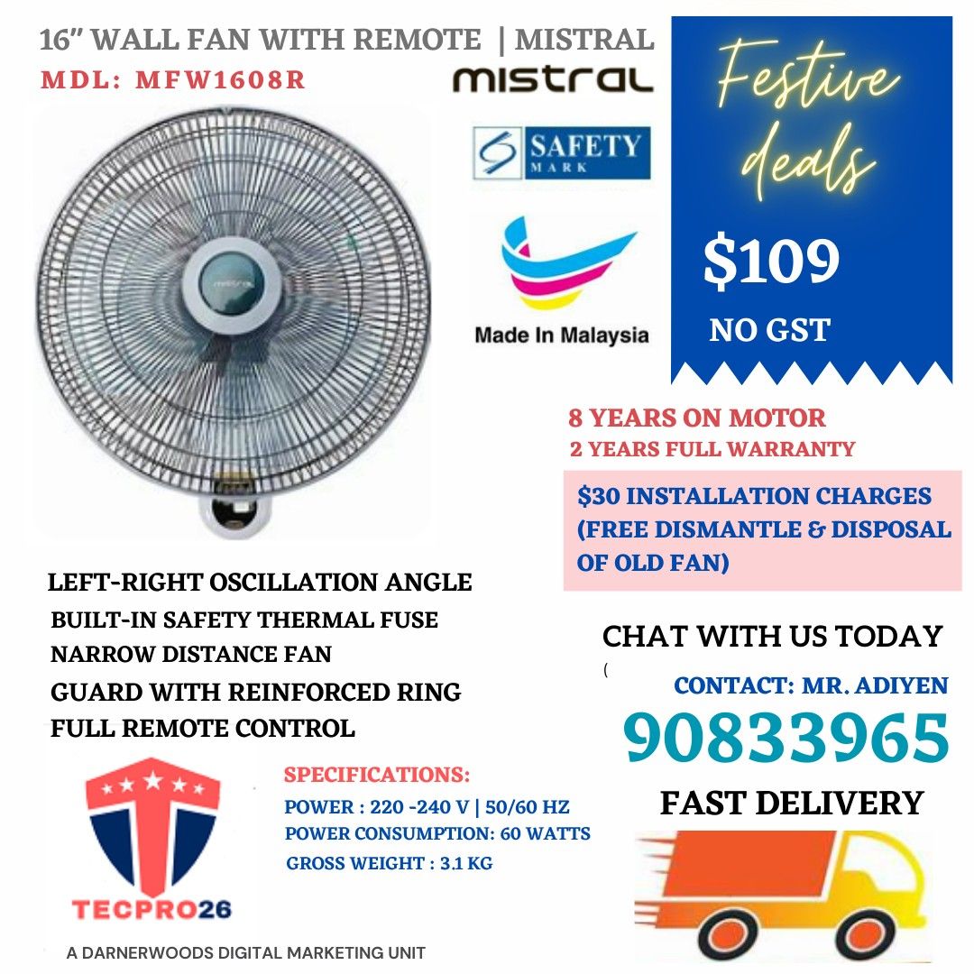 MISTRAL 16" WALL FAN WITH REMOTE, Furniture & Home Living, Lighting ...