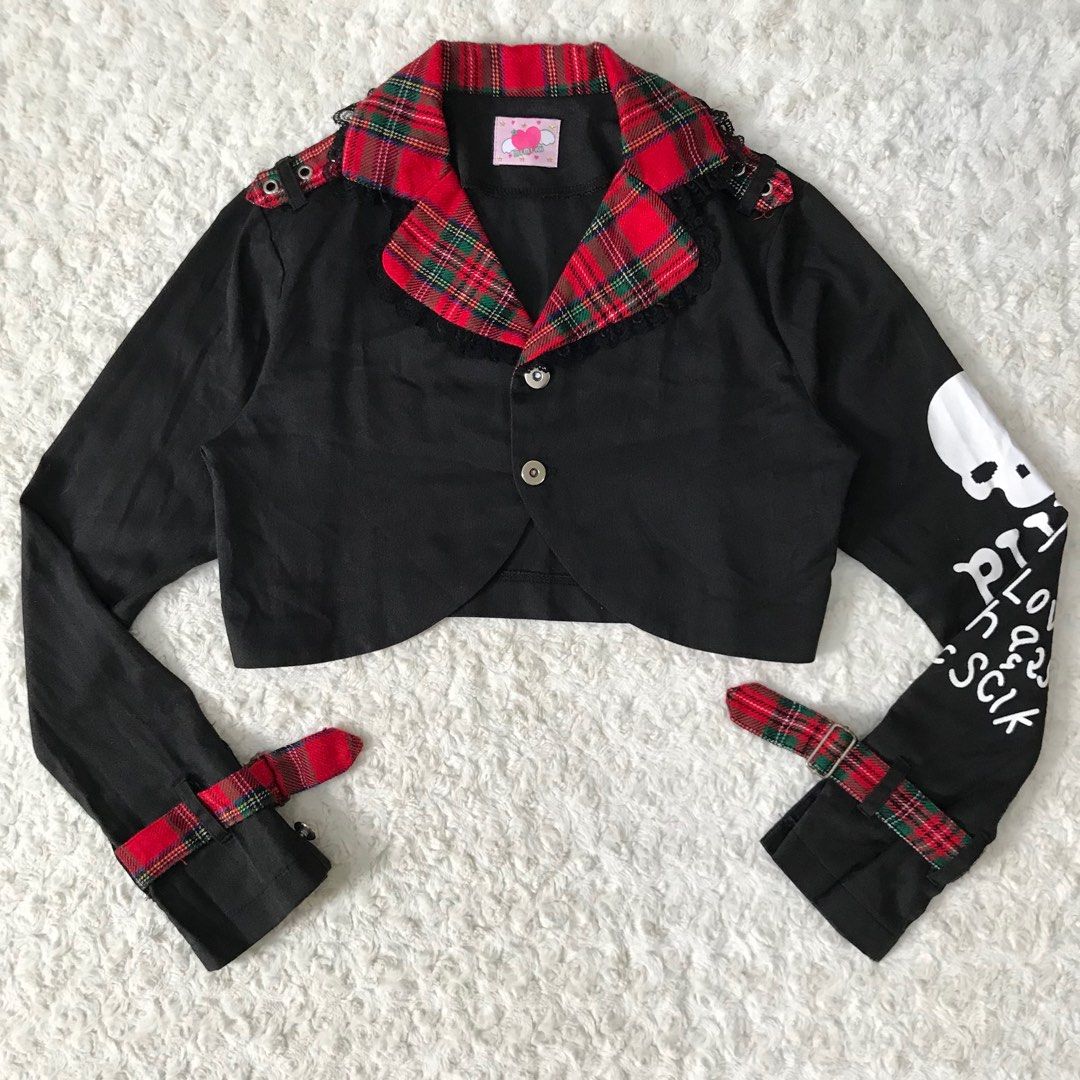 Rare Visual Kei Punk Graphic Lace Trim Plaid Crop Bolero Top, Women's ...