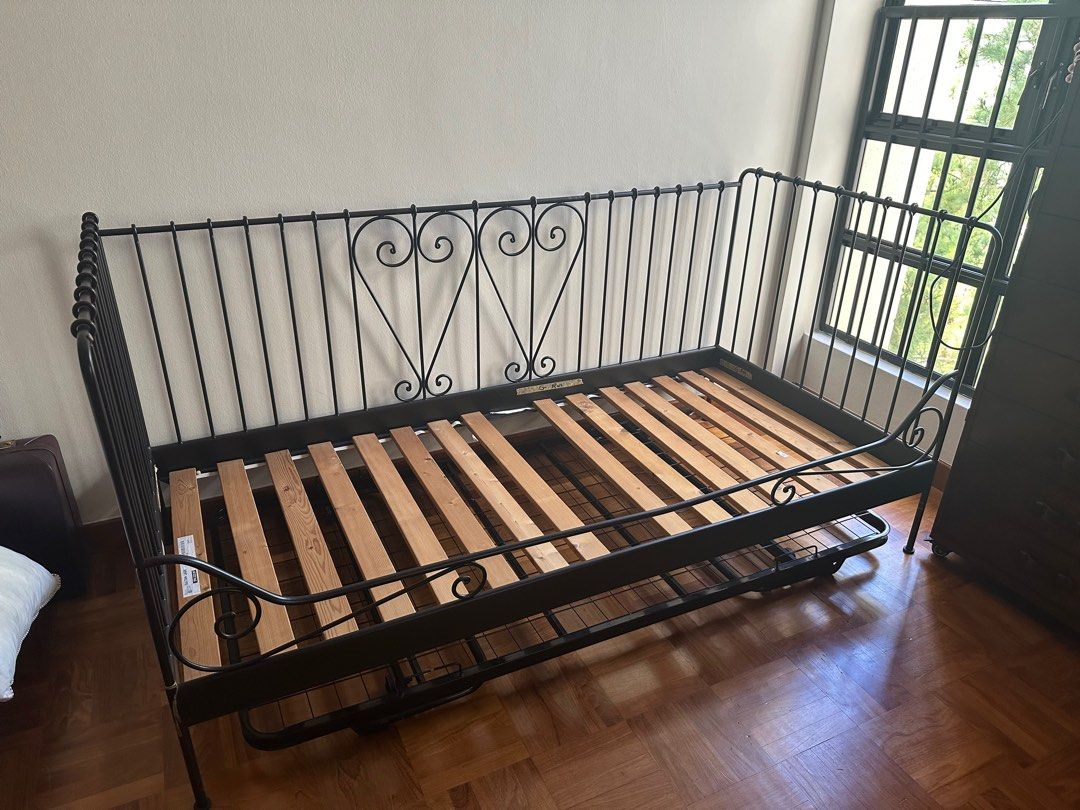 Set 1 iron black daybed, 1 sliding foldable bed under, and 1 bedside ...