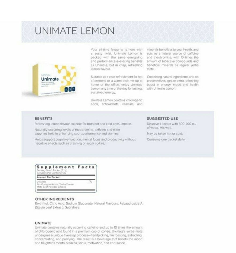 Unicity Unimate Lemon Flavor, Health & Nutrition, Health Supplements ...