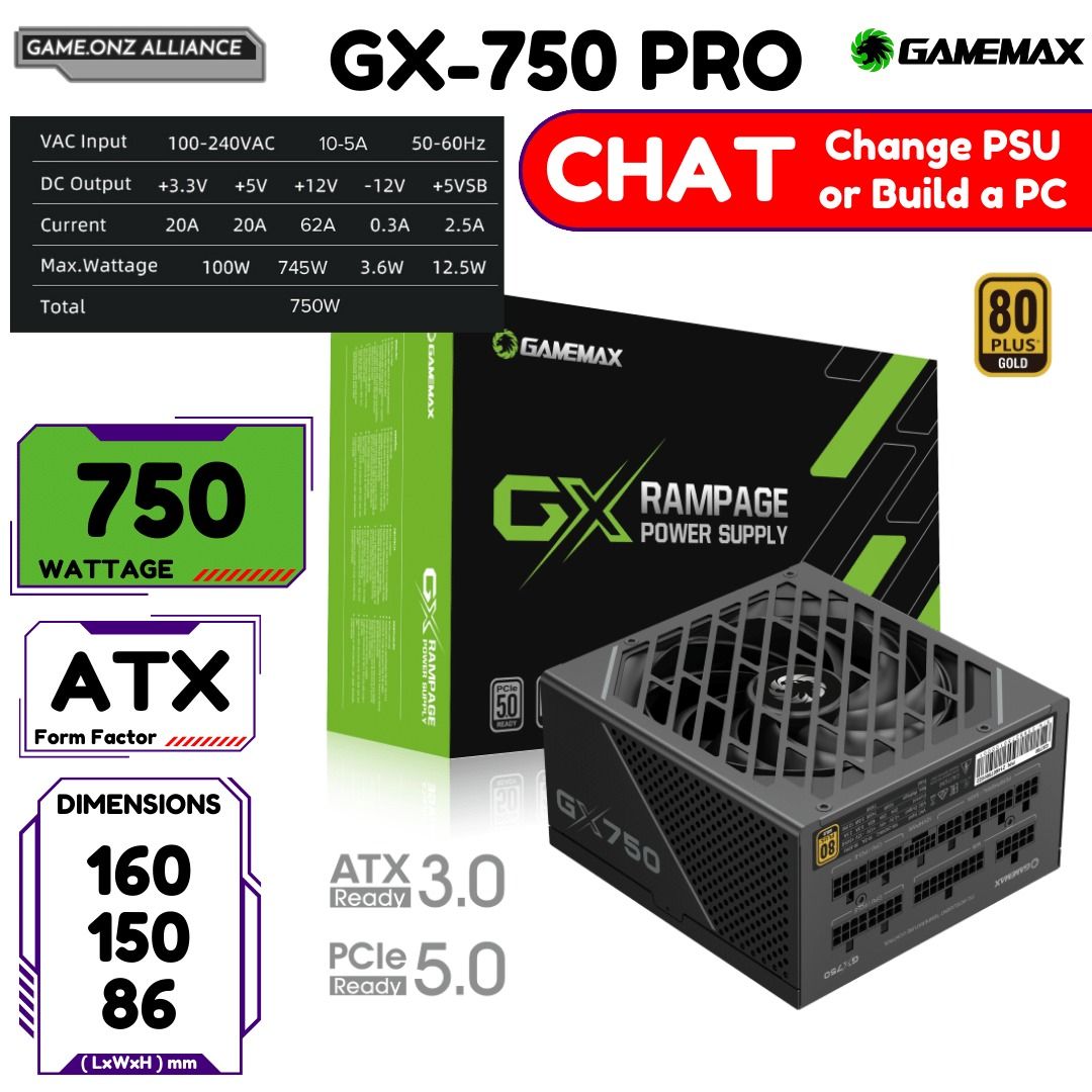 90+ GOLD CERTIFIED 750W PSU | GAMEMAX GX-750 PRO GX750 FULLY MODULAR ...