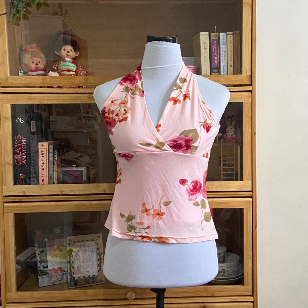 Y2k pink floral halter too (coquette fairycore vibes, Women's Fashion ...