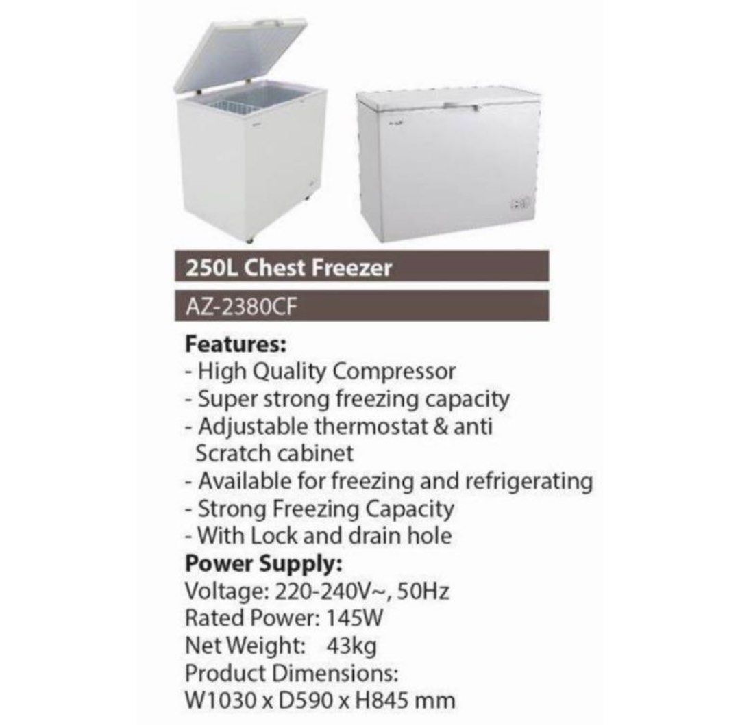 Aerogaz 250L, chest freezer, 2380CF, TV & Home Appliances, Kitchen ...