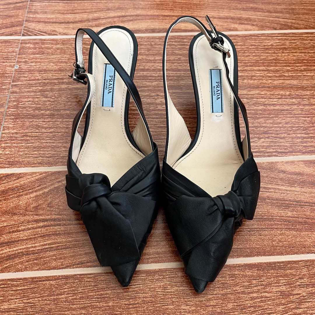 Authentic Prada Black Pleated Bow Slingback Pumps, Women's Fashion ...
