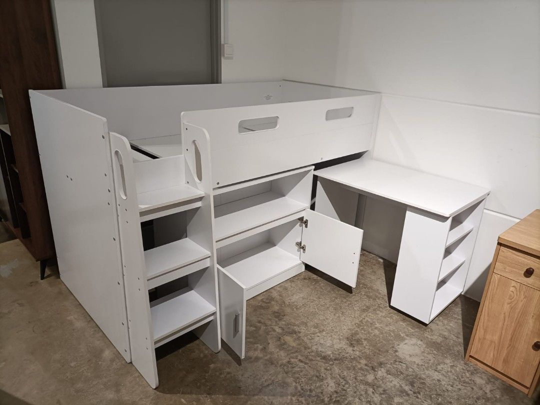 DACHI Kids Single Size Loft Bed with Table in WHITE, Furniture & Home ...