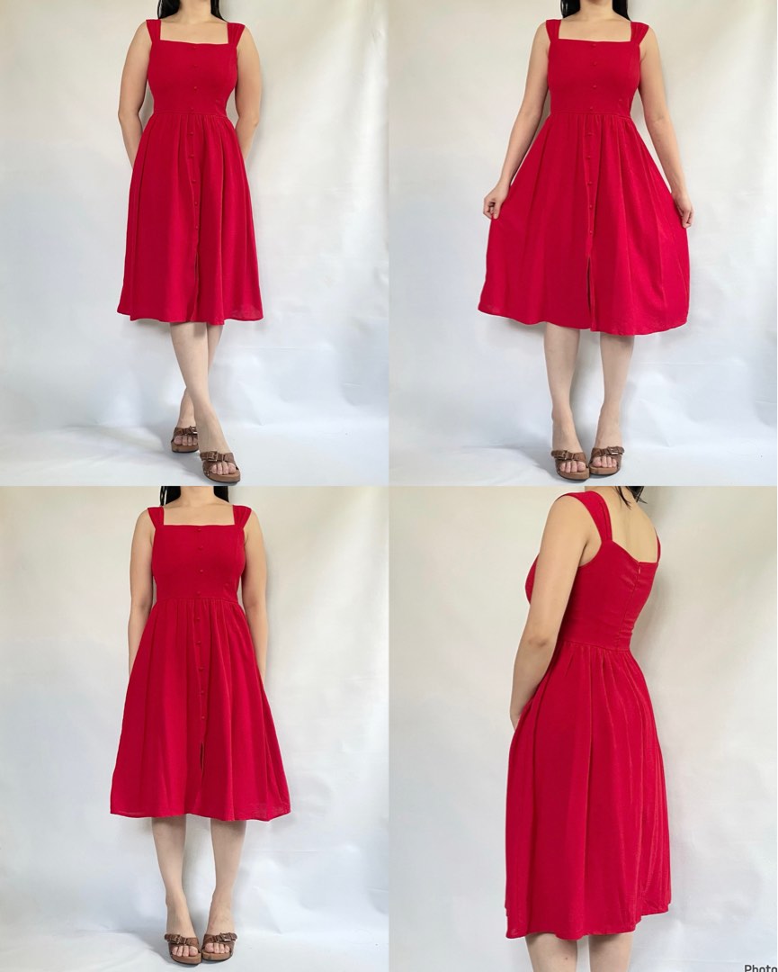 ING Red Square Neckline Button down Midi Dress, Women's Fashion ...