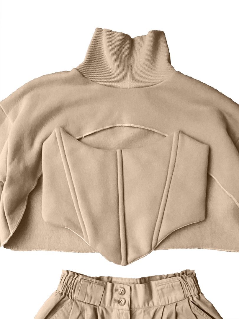 Neutral-color Corset Terno Set (Corset, Turtleneck top, Pants), Women's ...