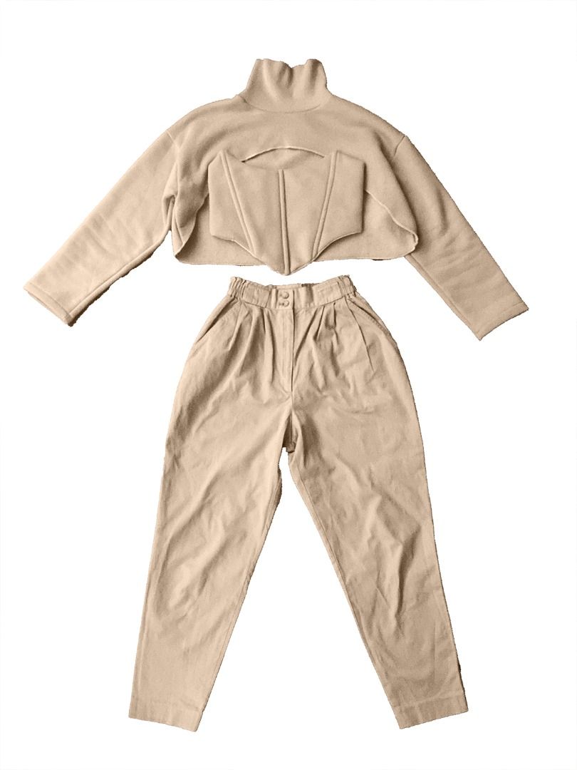 Neutral-color Corset Terno Set (Corset, Turtleneck top, Pants), Women's ...