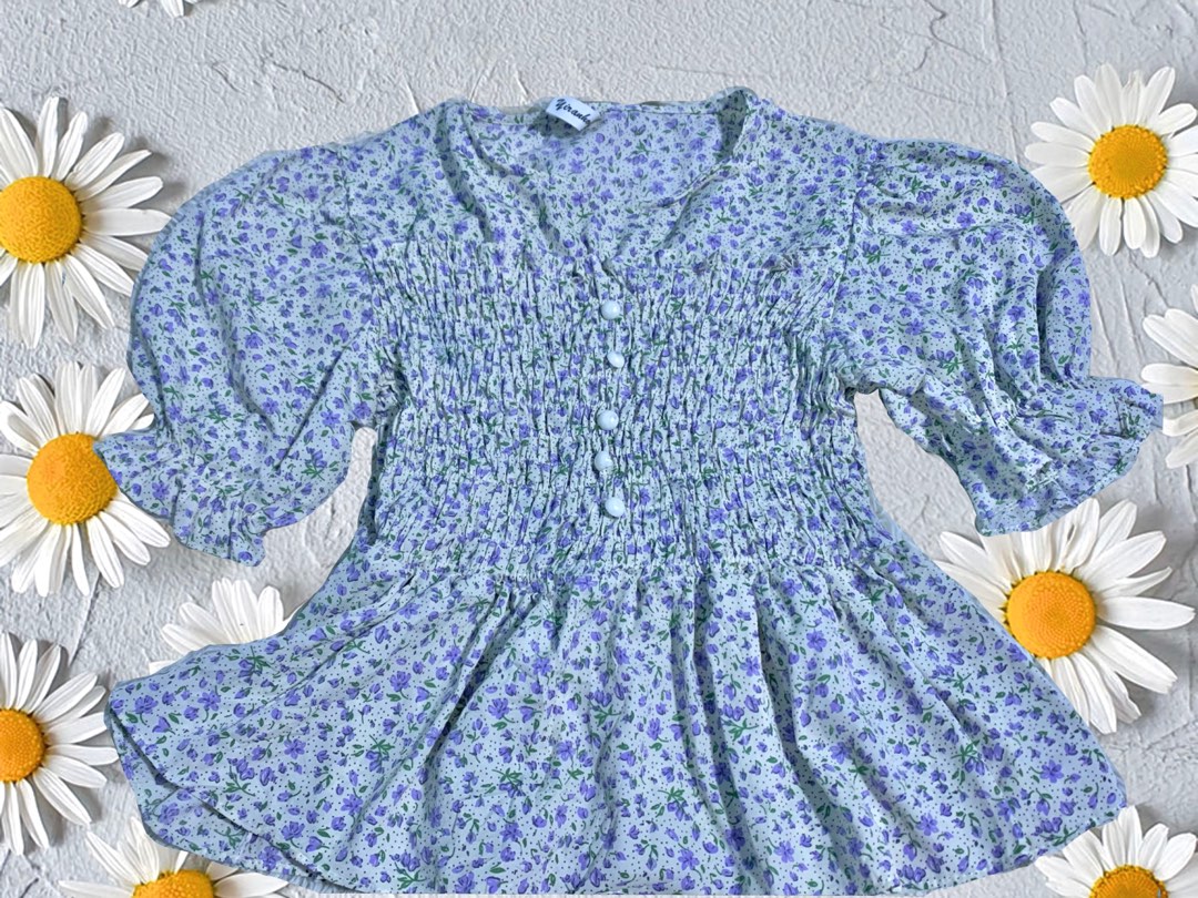 Purple Floral Puffsleeve Dainty Top Smocked Korean Style Top, Women's ...