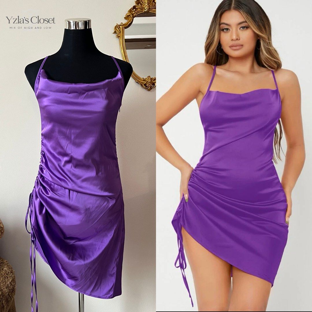 PURPLE silk satin dress with ruched sides, Women's Fashion, Dresses ...
