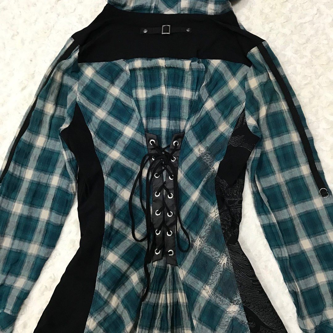 Rare Ozz Croce Dragon Graphic Lace-Up Back Plaid Hoodie Dress # visual ...