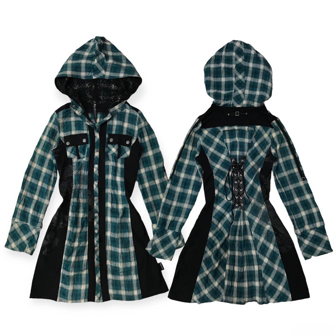 Rare Ozz Croce Dragon Graphic Lace-Up Back Plaid Hoodie Dress # visual ...