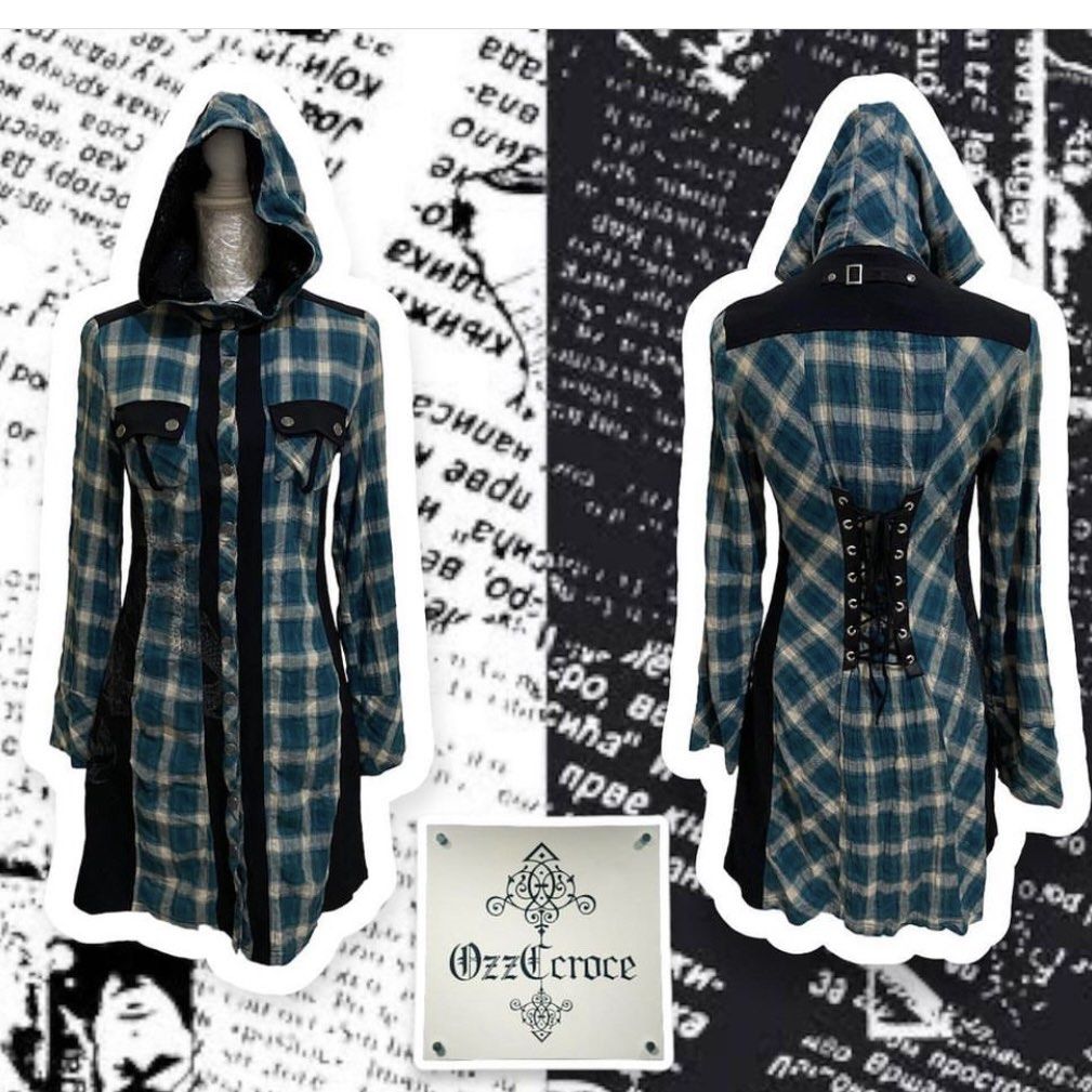 Rare Ozz Croce Dragon Graphic Lace-Up Back Plaid Hoodie Dress # visual ...