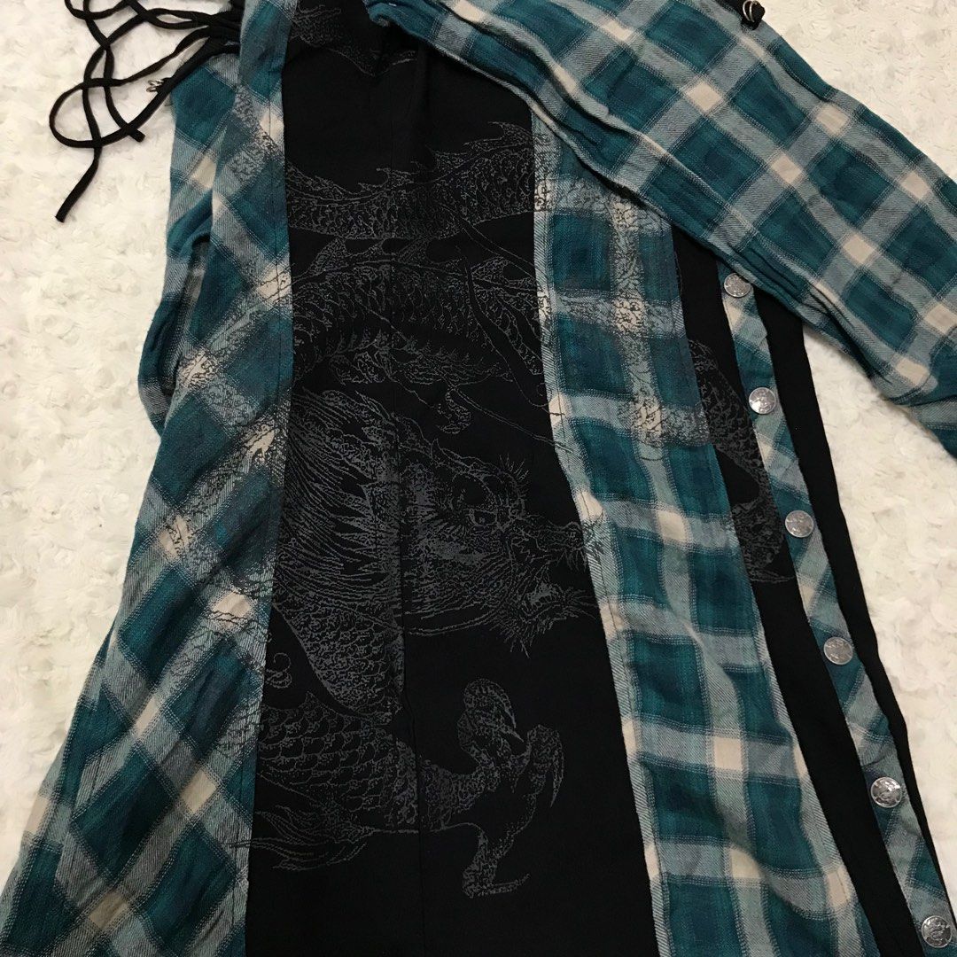 Rare Ozz Croce Dragon Graphic Lace-Up Back Plaid Hoodie Dress # visual ...