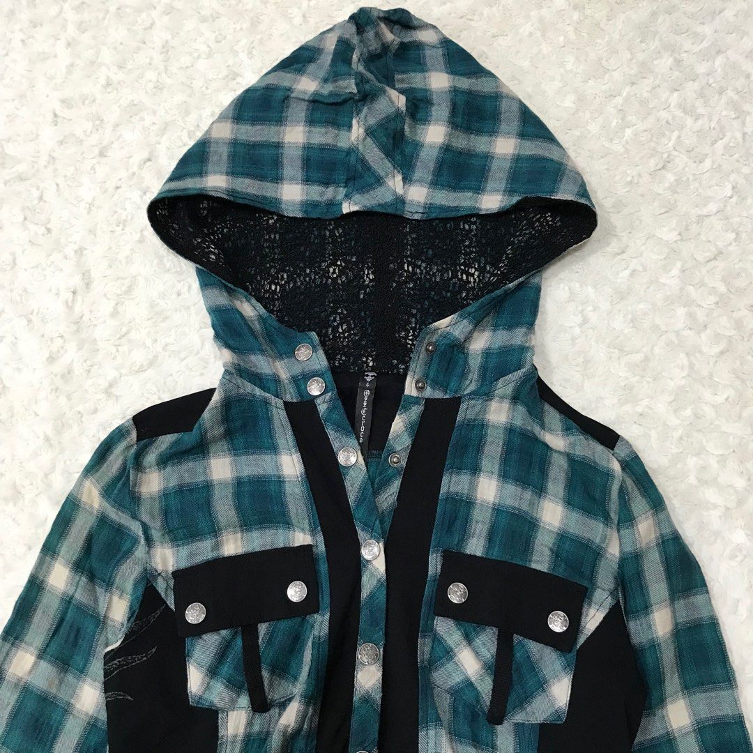 Rare Ozz Croce Dragon Graphic Lace-Up Back Plaid Hoodie Dress # visual ...