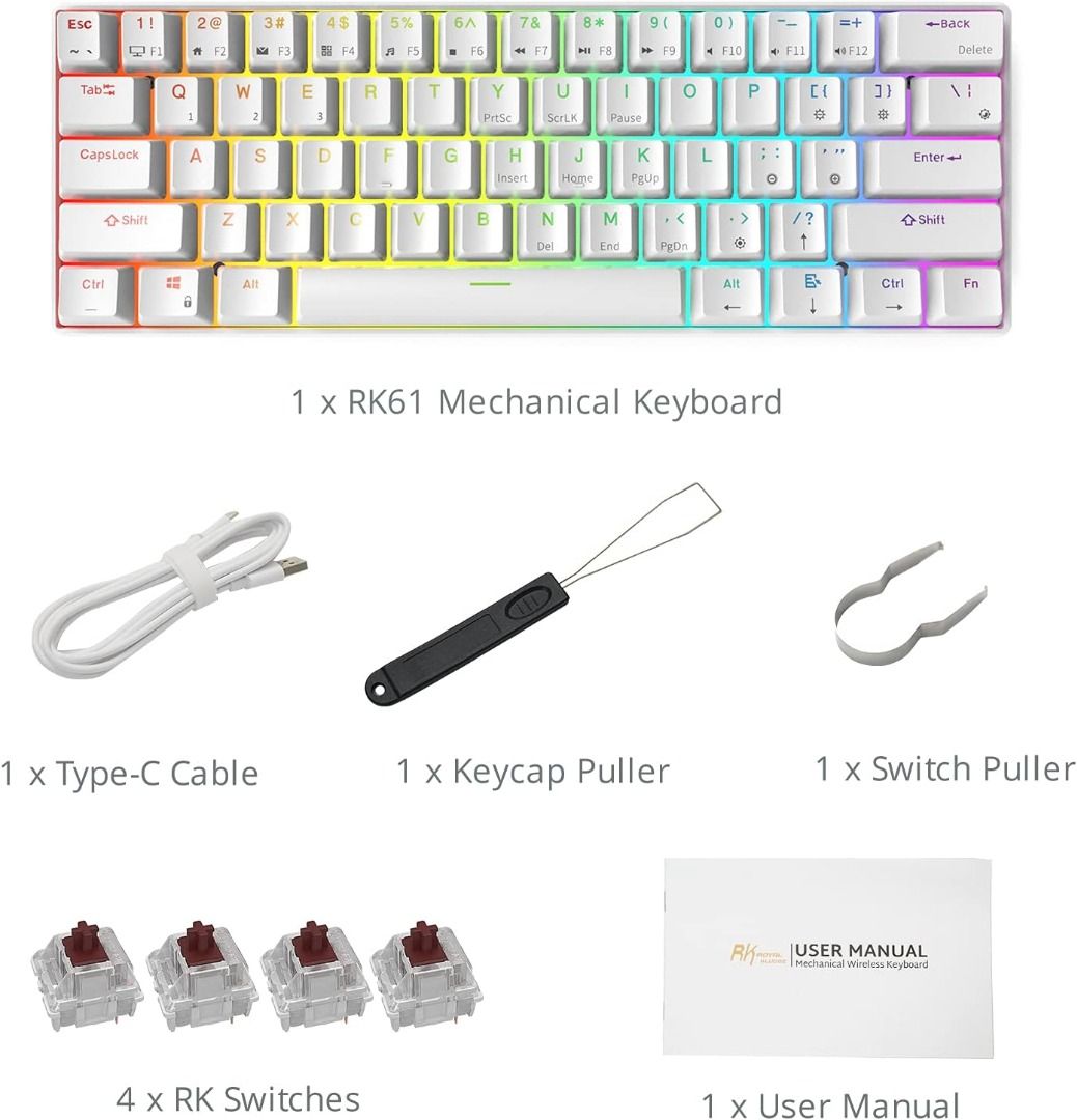 RK ROYAL KLUDGE RK61 60% Mechanical Keyboard with Coiled Cable, 2.4Ghz ...