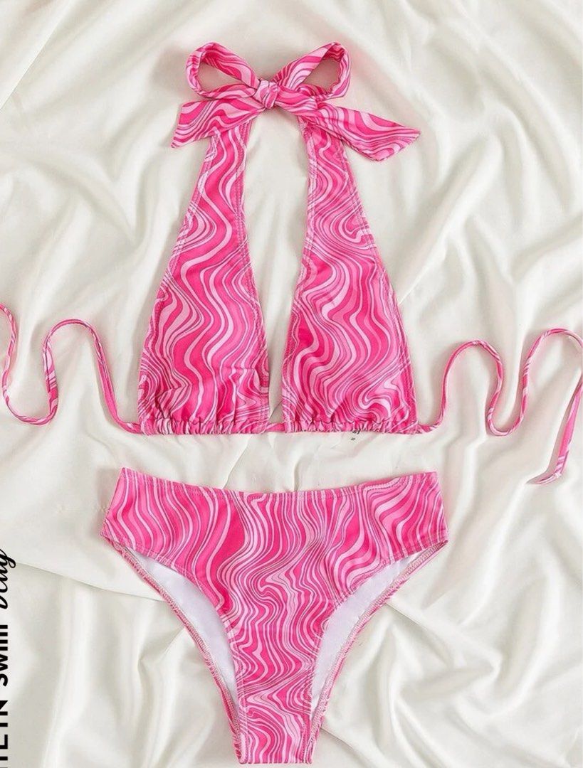 SHEIN Wave Print Bikini Set Halter Bra and High Waisted Bottom, Women's ...