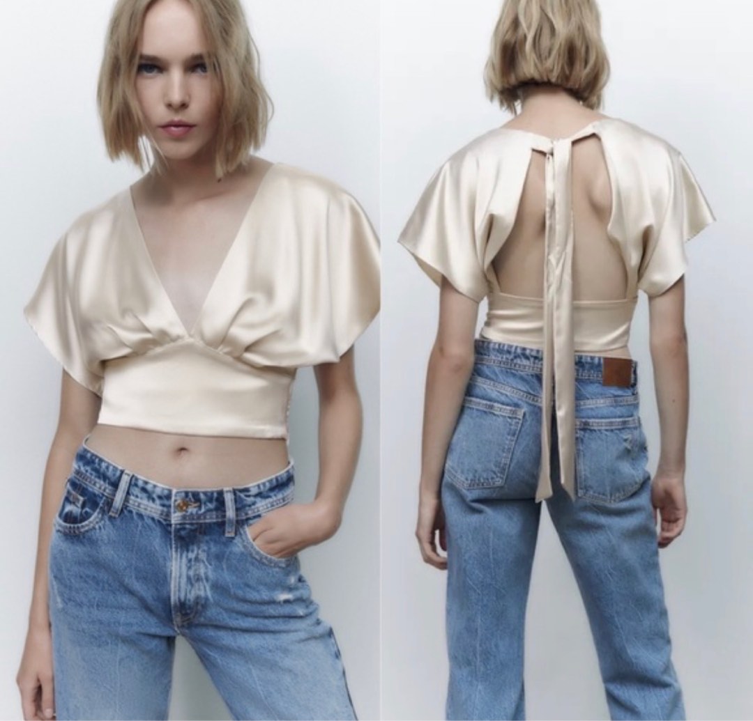 ZARA Ivory Satin Backless Bow Top, Women's Fashion, Tops, Blouses on ...