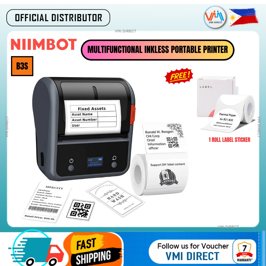 B3S Niimbot Label Printer with 1Roll Label paper 20mm to 75mm Inkless portable printer Widely ...