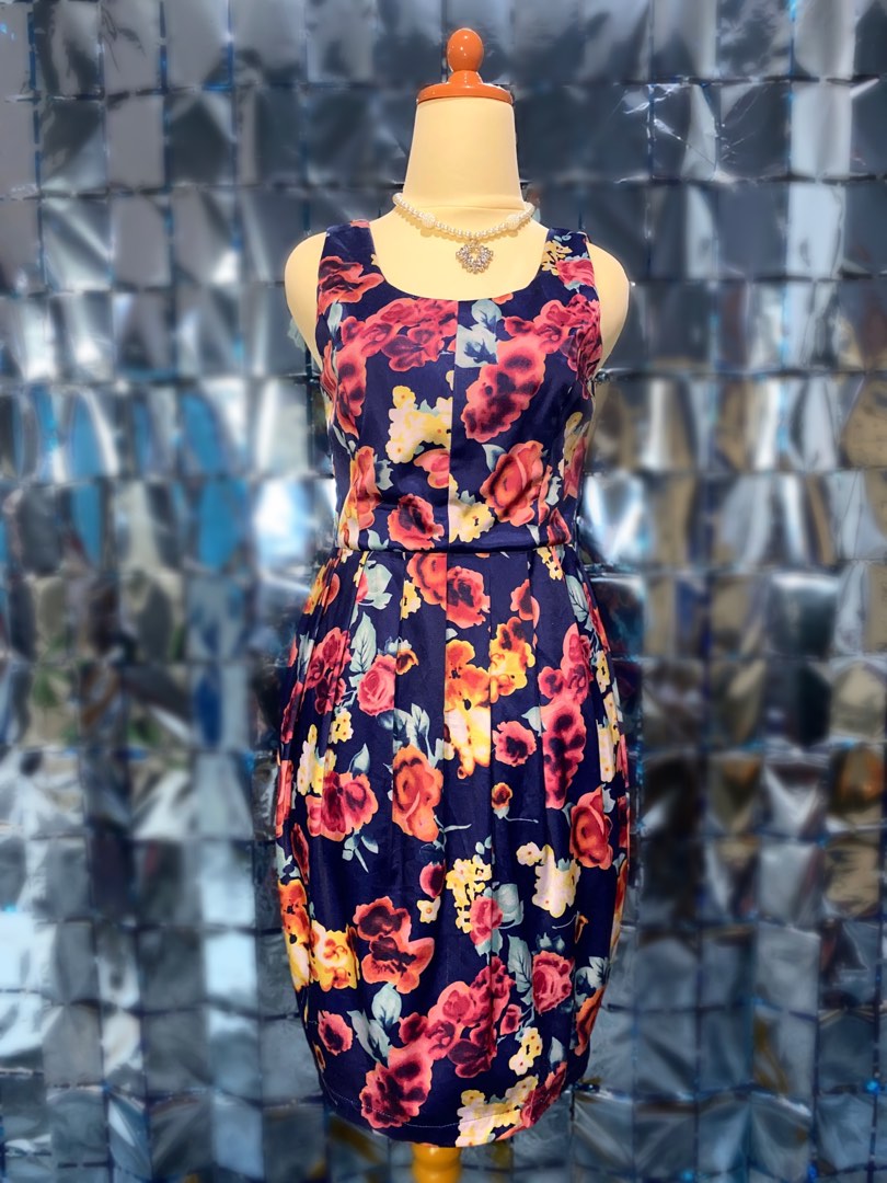 Dark Blue Floral Pattern Satin Dress, Women's Fashion, Dresses & Sets ...